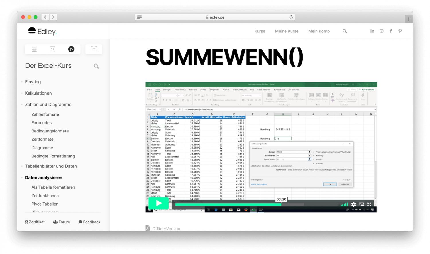 Excel Online-Kurs mit Zertifikat - Excel Kurs zum online lernen | EDLEY